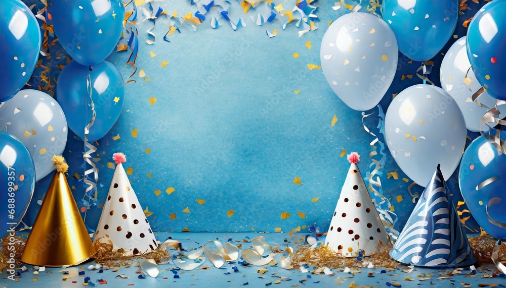 blue birthday background border with balloons confetti party hats Stock ...