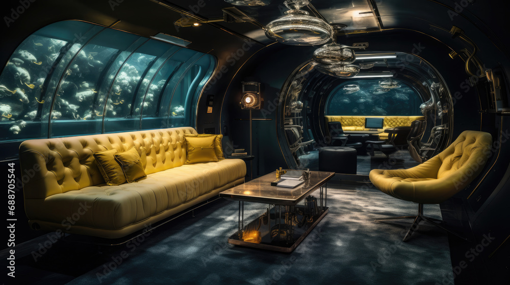 Private Luxury Submarine Lounge Underwater Views Plush Seating Elegant ...