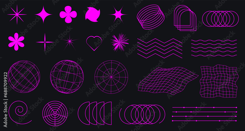 Geometry wireframe shapes and grids in neon pink color. 3D hearts, abstract backgrounds ...