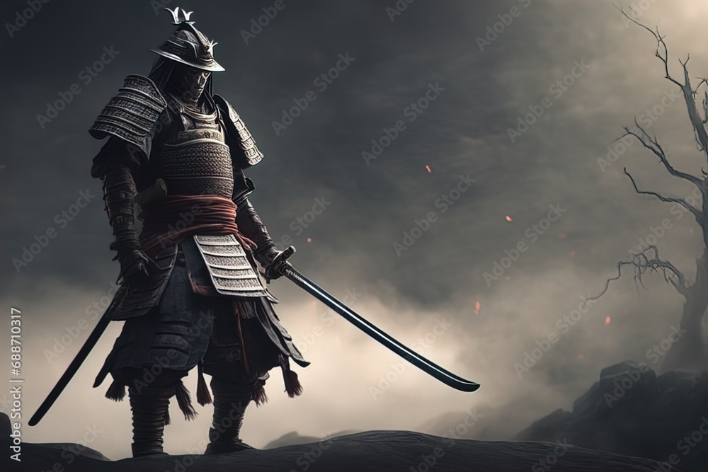 Ghost Samurai, samurai warrior bound by a ghostly curse, wearing shabby ...