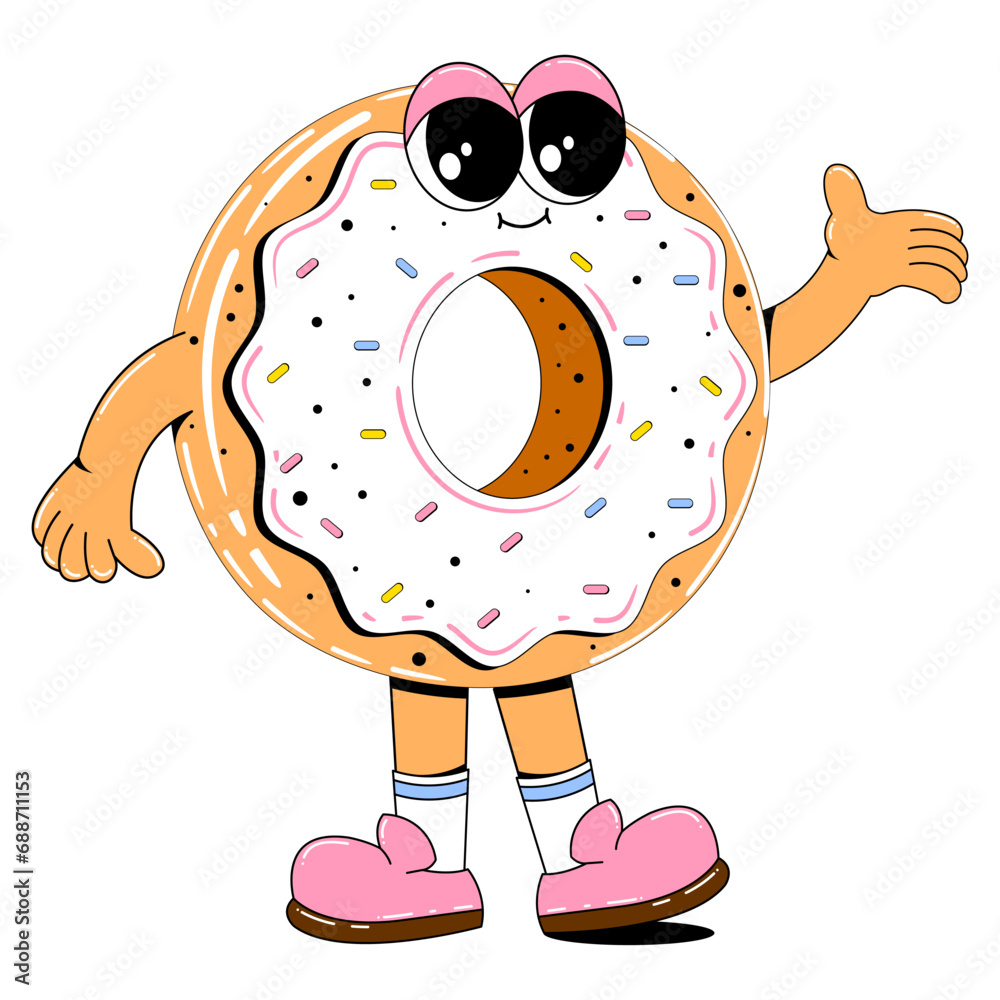 Cute donut character in retro cartoon style. Vector illustration of a ...