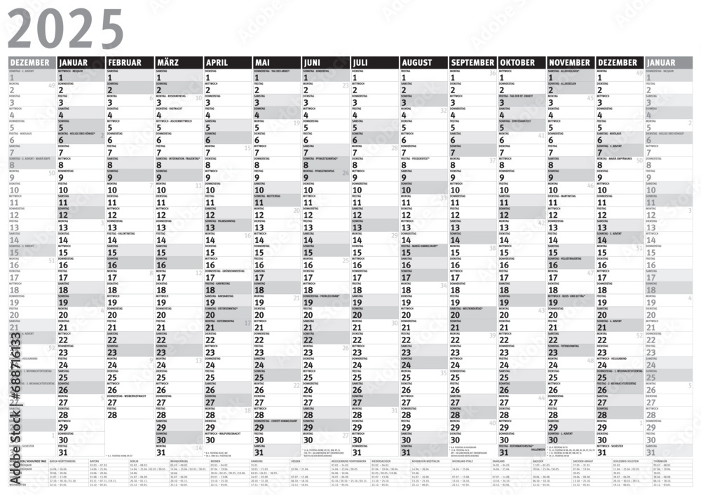 Kalender 2025 (Dezember 2024 bis Januar 2026) mit Ferien s/w Stock ...