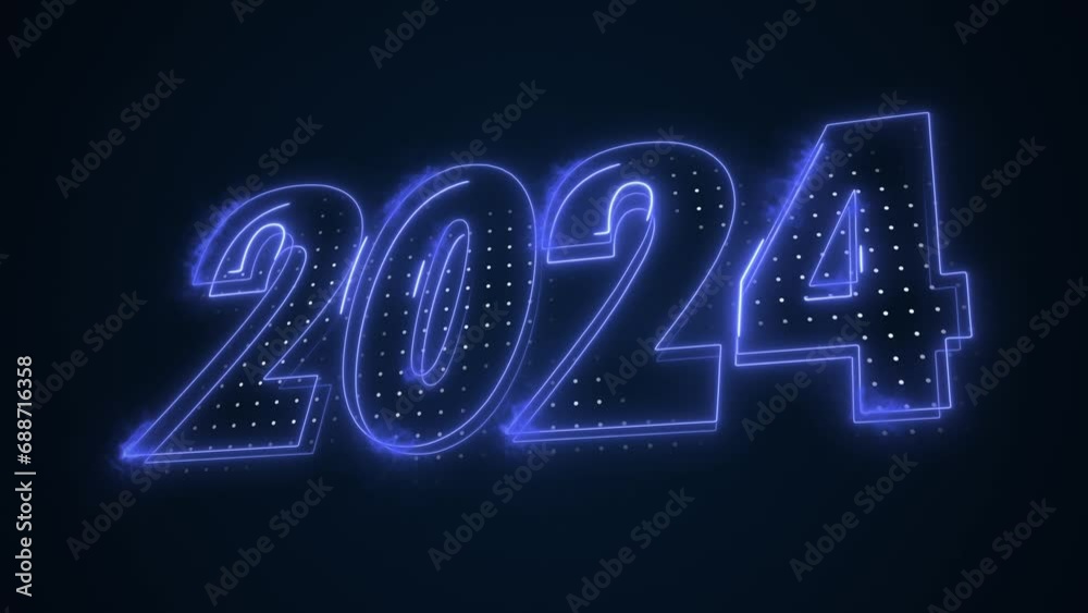 Neon Blue 2024 Year Icon 3D Outline Loop Background. Neon Blue Colored ...