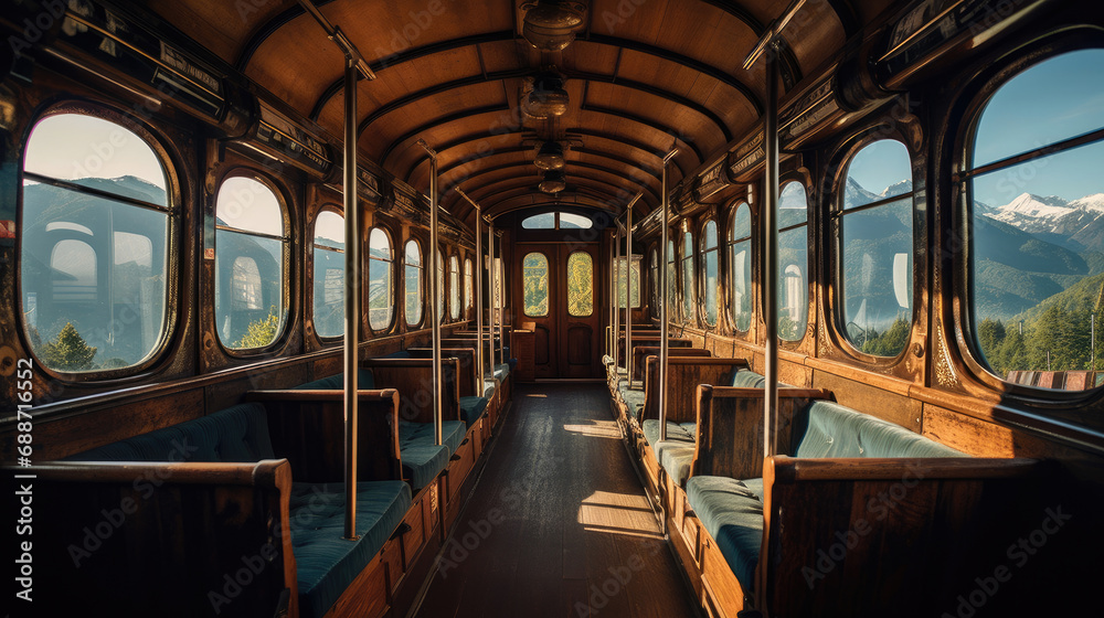 Vintage funicular railway car with wooden benches circular windows and ...
