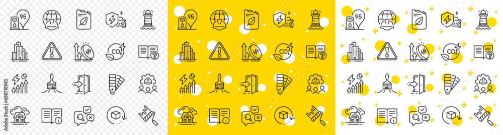 Outline Petrol station, Excise duty and Skyscraper buildings line icons pack for web with ...