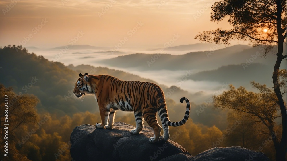 Tiger watching the view of foggy forest from the top of a high rock ...
