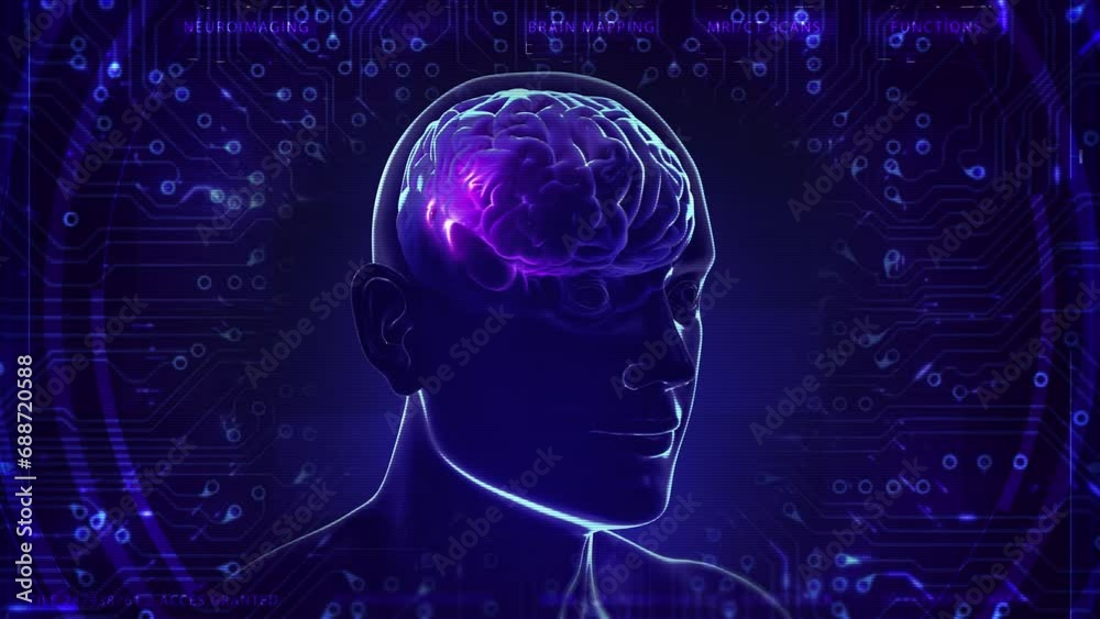 Animation of 3D Head and Brain Model Rotating. Electrical Impulses ...