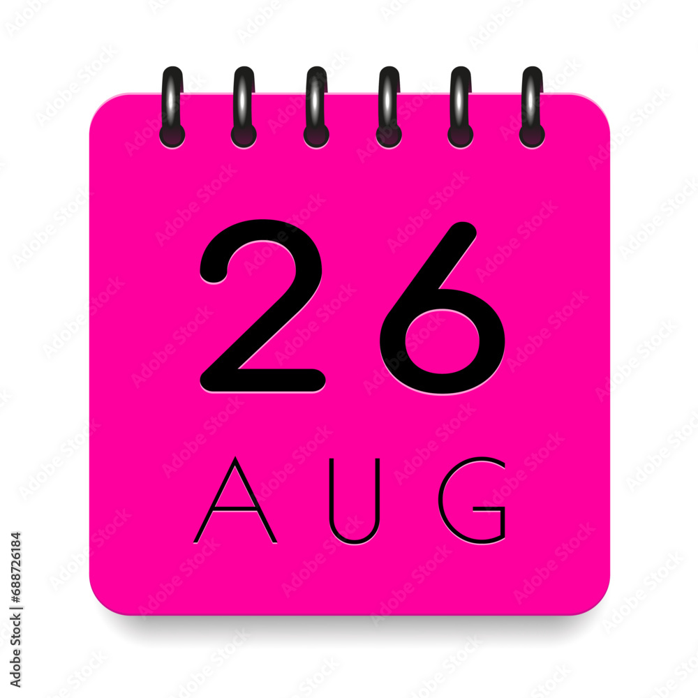 26 day of the month. August. Pink calendar daily icon. Black letters ...