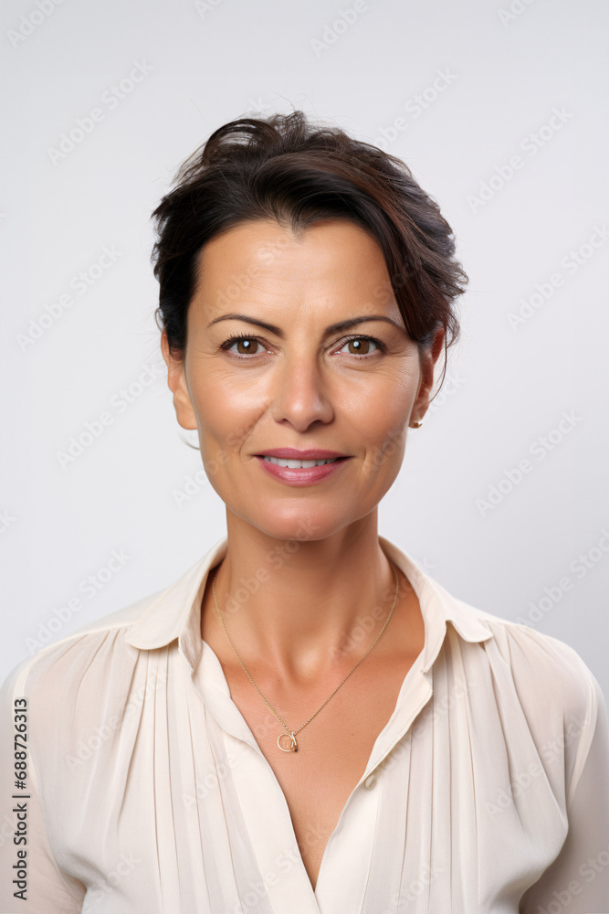 Beautiful mature brunette woman of Balkan origin smiling for studio ...