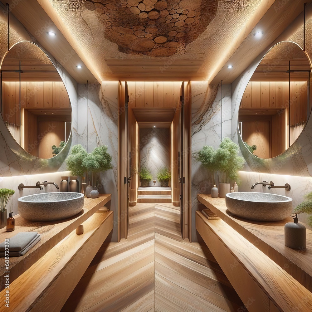 Anteroom in front of the bathroom entrance with a large mirror and two ...