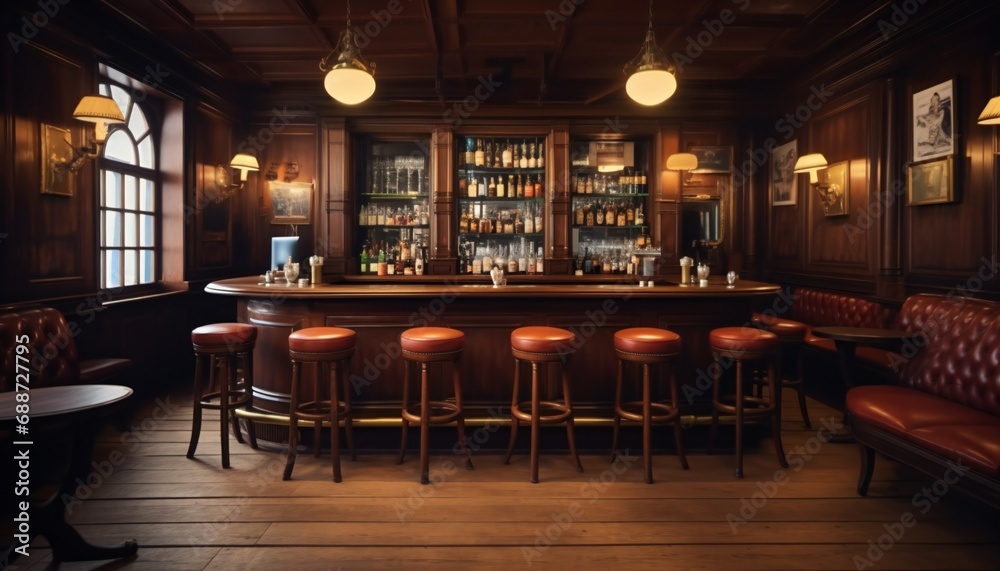 The bar at the old English pub. A dark PUB with a bar and stools in the ...