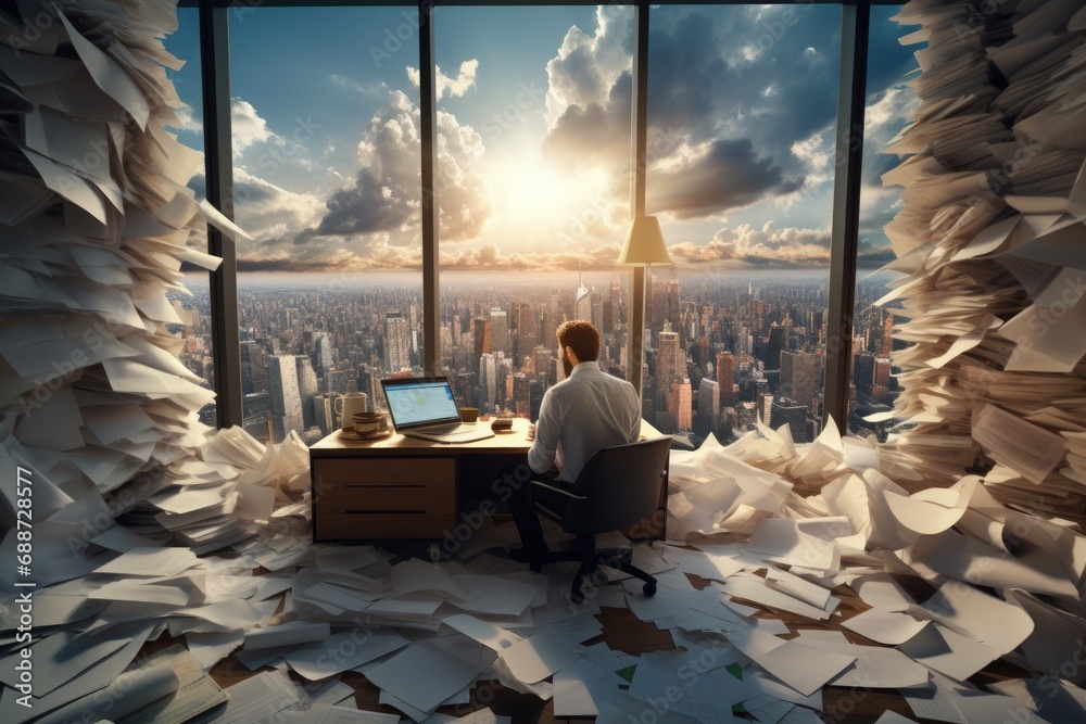 homme qui travail chez lui submerger par le travail avec pleins de ...