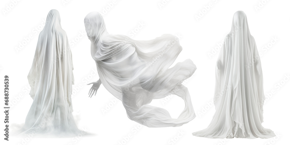 A set of ghosts flying in different directions cut out on a transparent ...