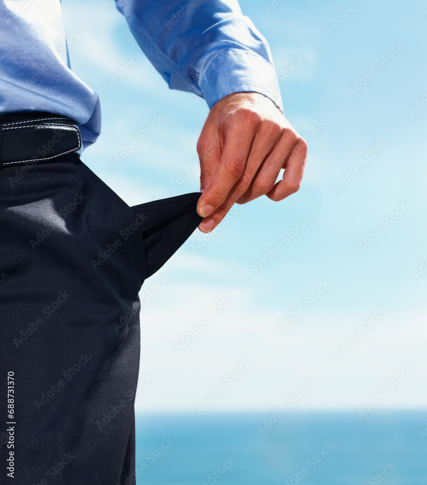 Blue sky, empty pocket and business man for stock market crash ...