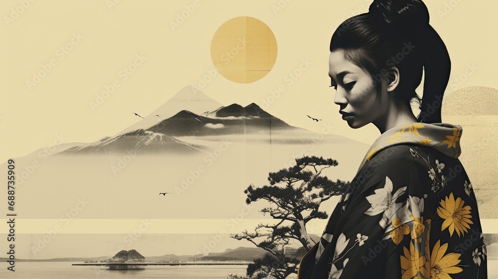 Beautiful geisha in national kimono on the background of unrealistic ...