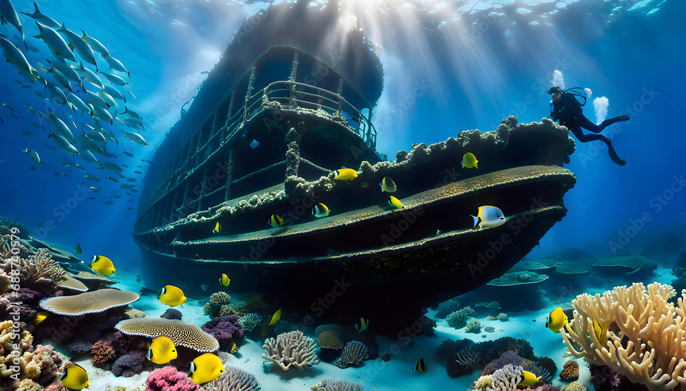 An ancient shipwreck is explored by a diver at the bottom of the sea ...