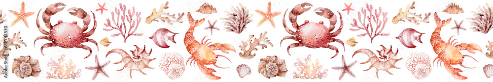 Marine seamless border. Watercolor animals crab and fish with shells on ...