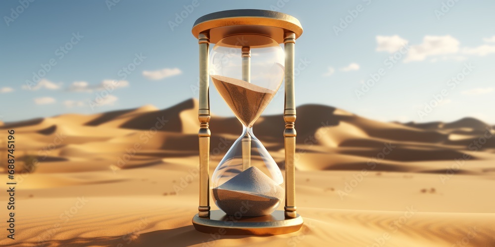 Golden sands of time slip through an hourglass in the vast desert ...