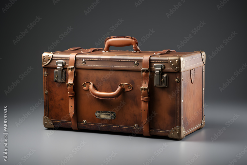 Classic leather suitcase with buckles and name tag on a grey backdrop ...