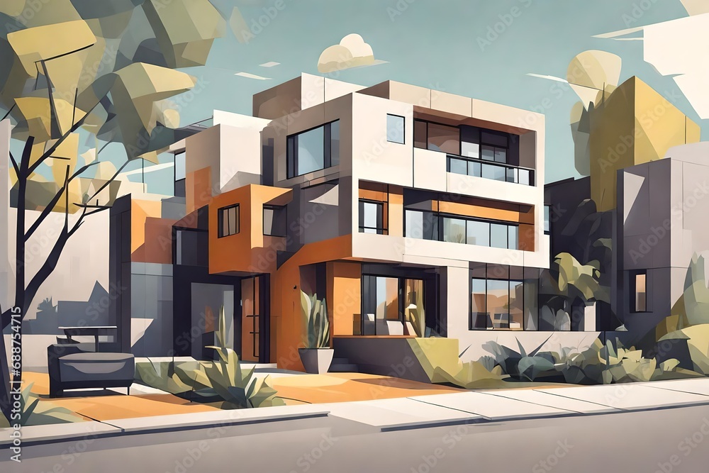 Create a scene featuring a contemporary cubist-style house in an urban ...
