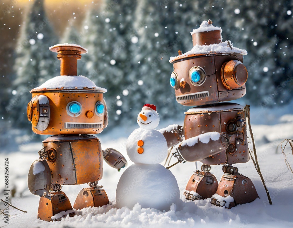 Smiling snowman with a very small head and orange buttons standing ...