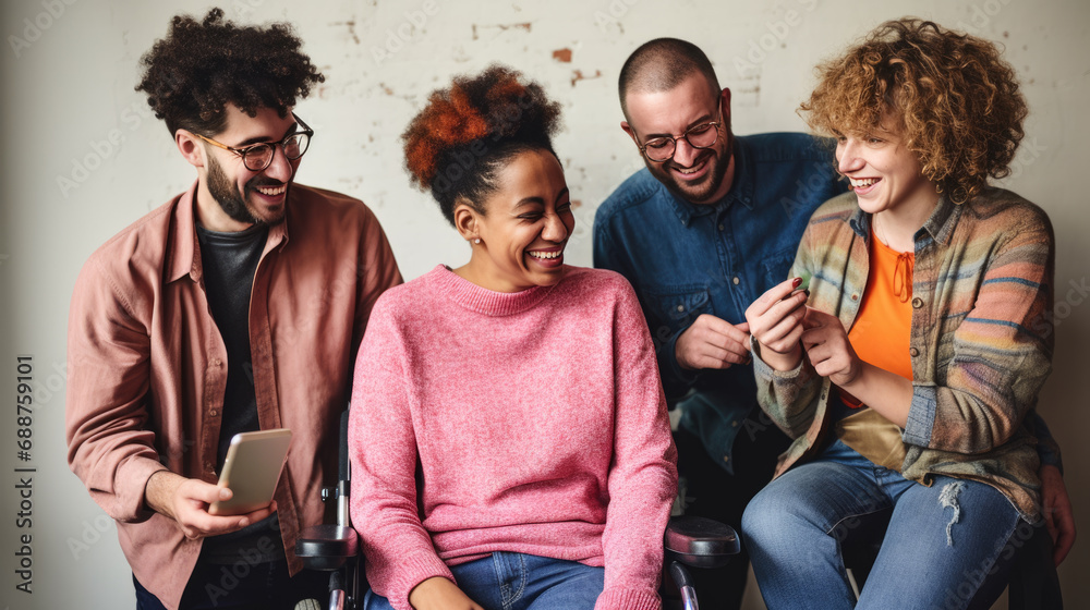 Diverse group of friends laughing and sharing content on a smartphone ...