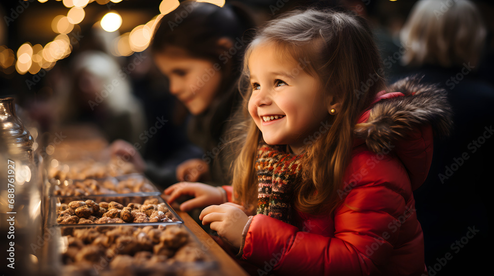 Pure Delight: Children Gazing at Christmas Market Sweets with Smiles on ...
