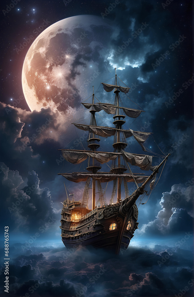 A pirate ship flying through the clouds in the night sky. Stock Photo ...