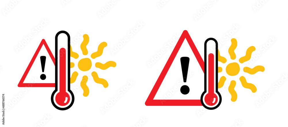 Caution, summer concept. Warning high temperature signboard ...