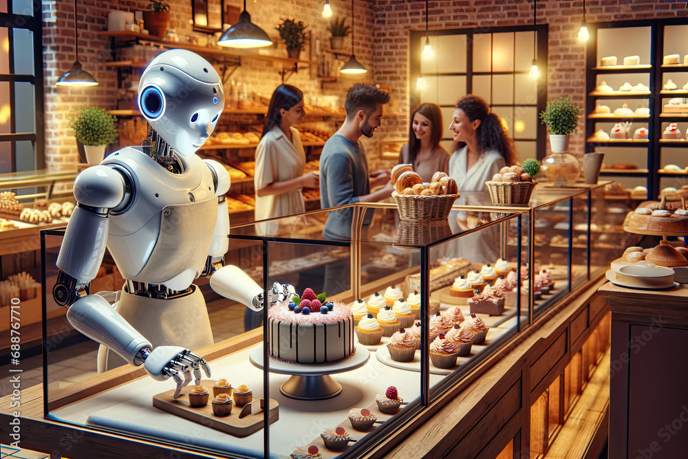 Humanoid robot assisting in a bakery, making and decorating cakes Stock ...