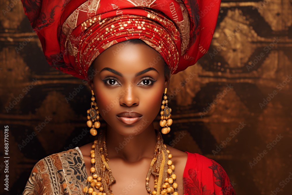 Regal African queen portrait with vibrant red head wrap and traditional ...