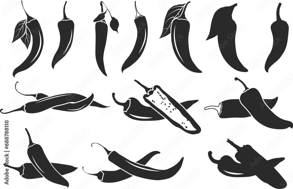 Chili pepper silhouettes, Chili vector illustration, Chili pepper SVG ...