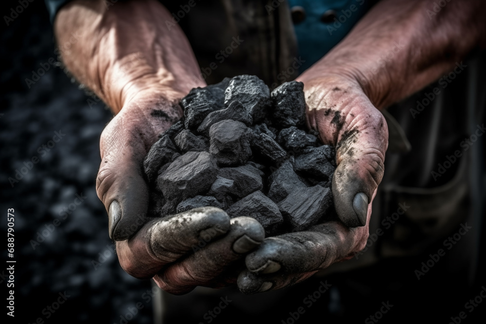 Coal mining in mine. Coal in hands of miner worker. Metallurgical coal ...