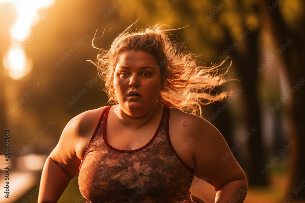 Fat woman on morning running in park. Fat girl with big belly on ...