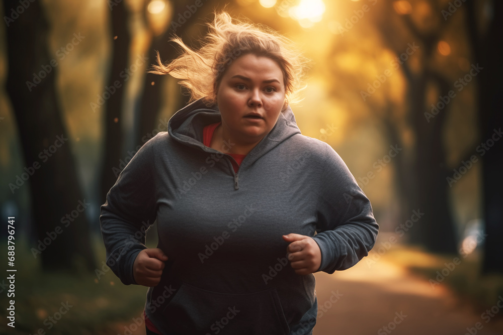 Fat woman on morning running in park. Fat girl with big belly on ...