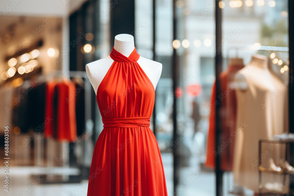 Elegant women's red midi dress on a mannequin in a window display in a ...