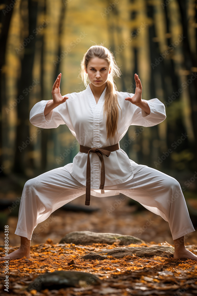 Athletic woman performing kiba-dachi horse stance, outdoors in forest ...