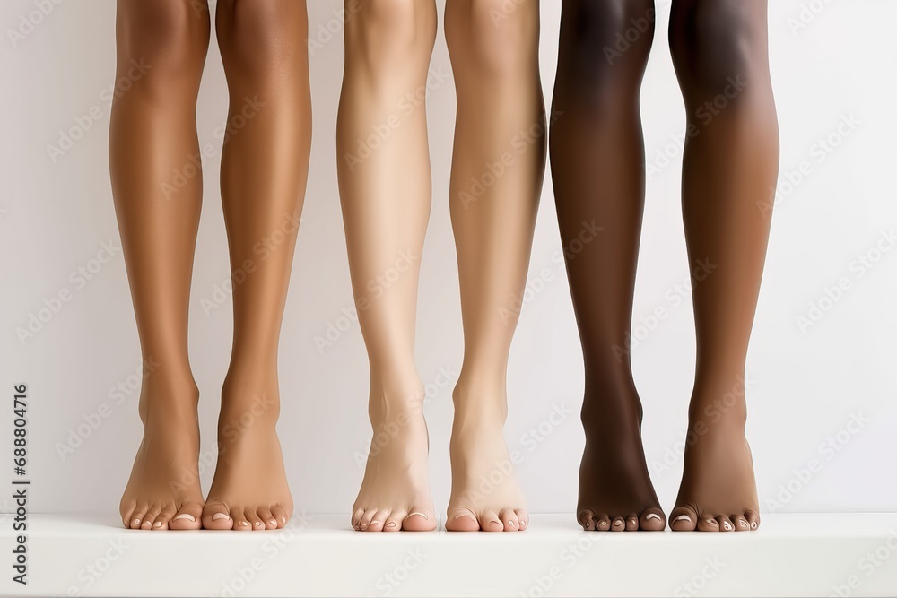 Young diverse women showing legs smooth skin on beige background ...