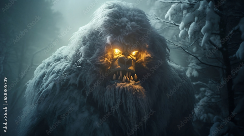 ภาพประกอบสต็อก Fictional mythical evil angry yeti creature with glowing ...