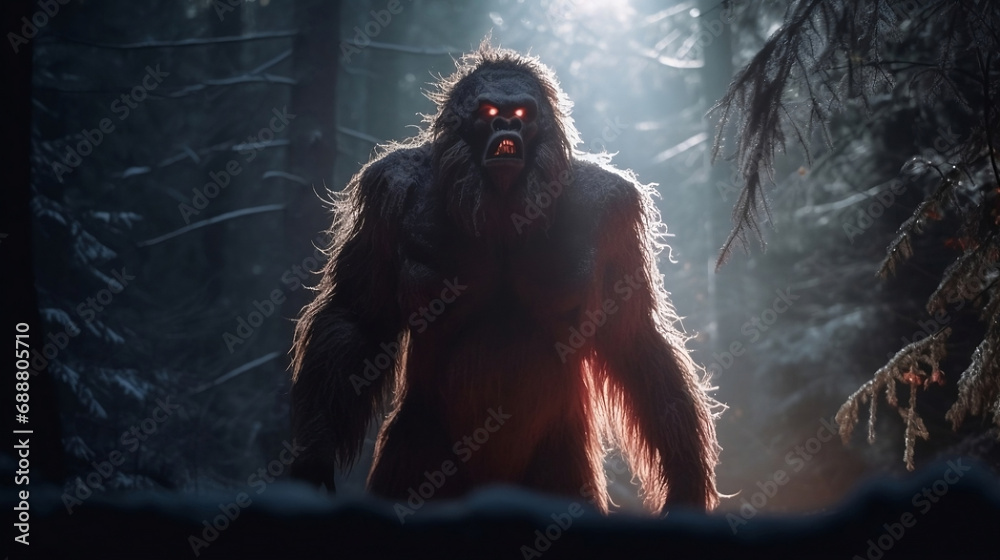 Fictional mythical evil angry yeti creature with glowing eyes in the ...