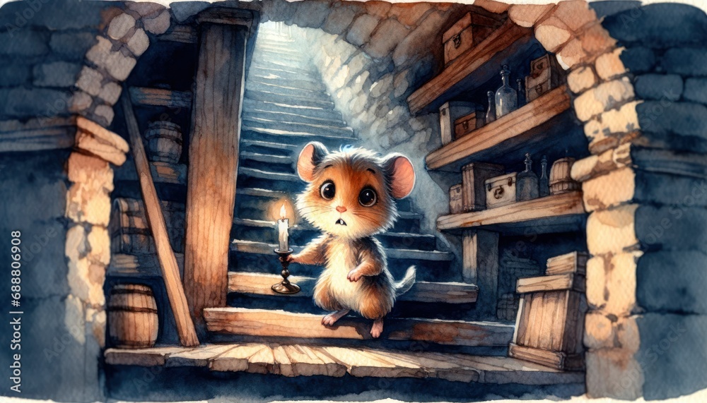 Mysterious watercolor of a slightly frightened animal descending into a ...