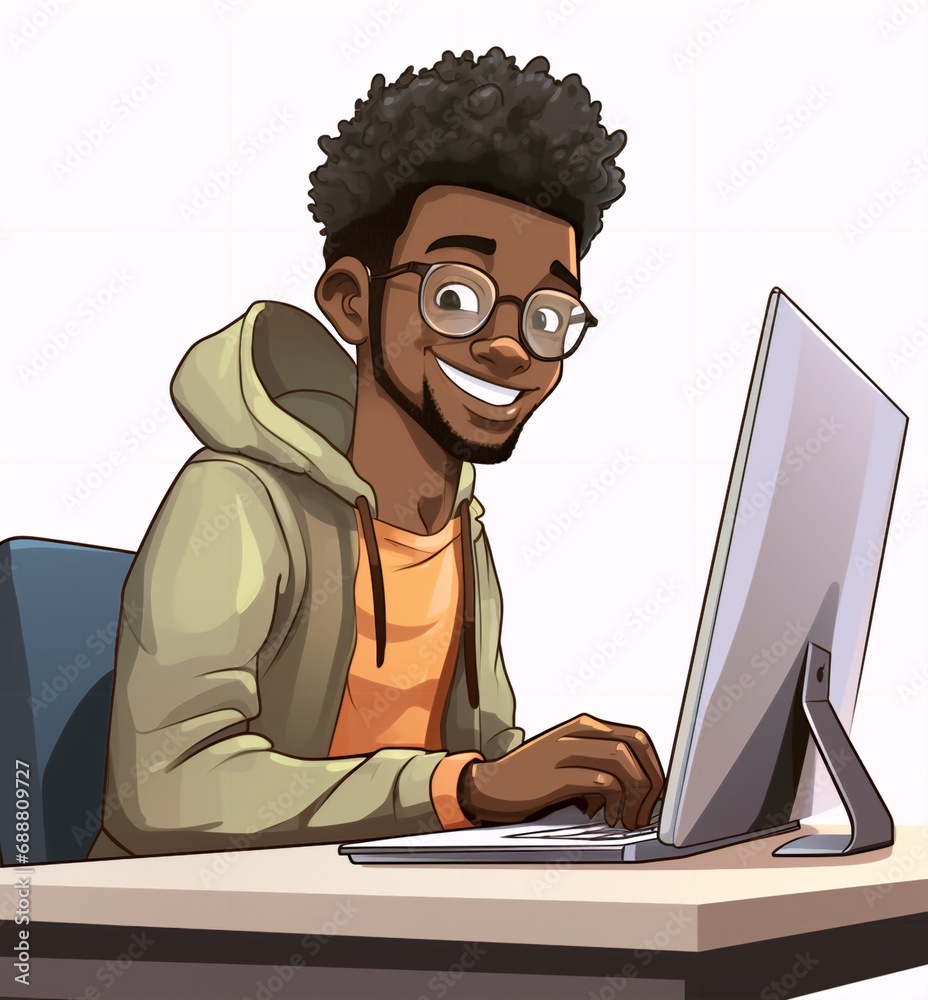 Black man with glasses working with computer at a desk. Software ...