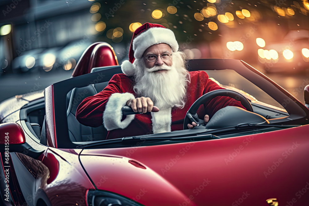 Fantasy art - Santa Claus driving a racecar, sports car, speedster ...