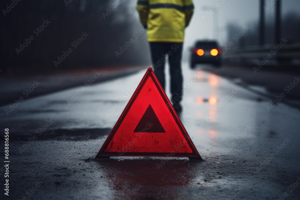 A man wearing a yellow jacket stands next to a red triangle. This image ...