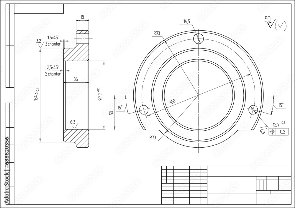 Vector drawing of a steel mechanical part with through holes ...