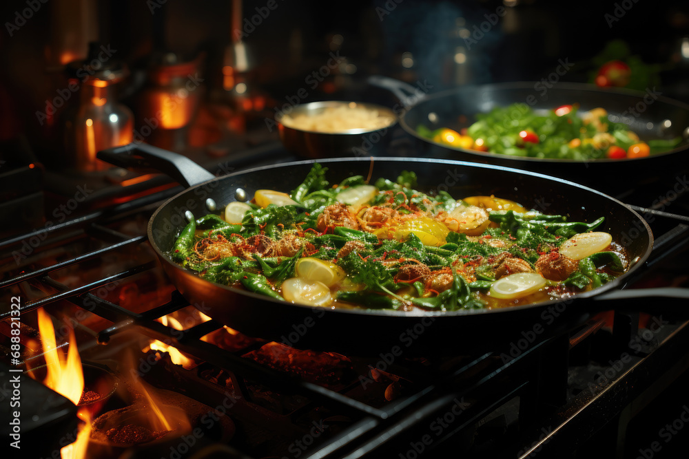 A sizzling fusion of flavors and textures, as a wok over an indoor ...
