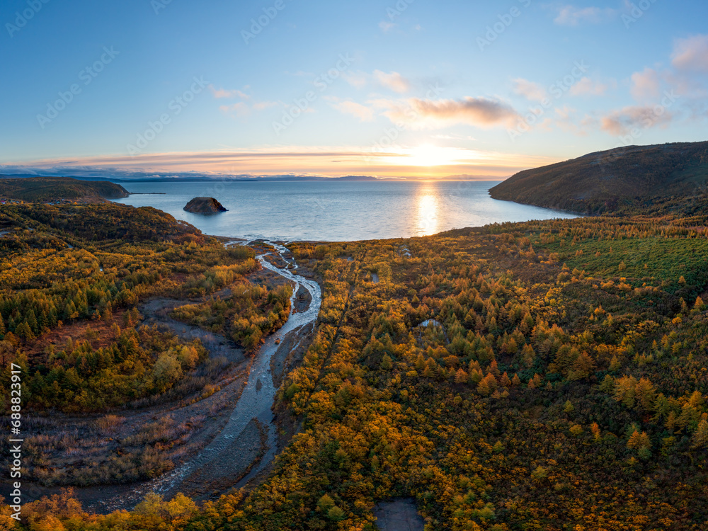 Beautiful morning seascape. Aerial view of the sea and coast. Top view ...