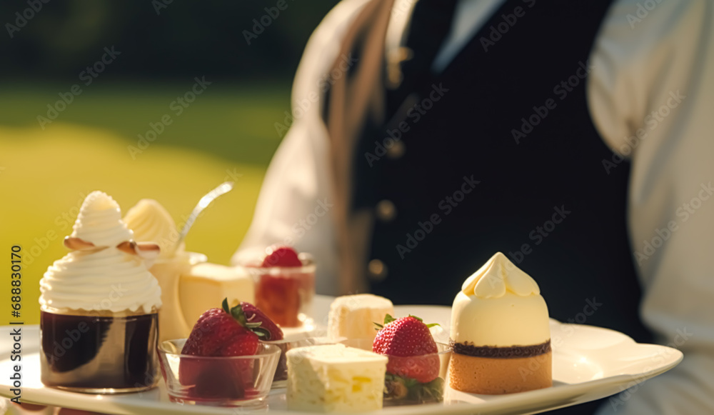 Luxury food service, desserts by a waiter at a wedding celebration or ...