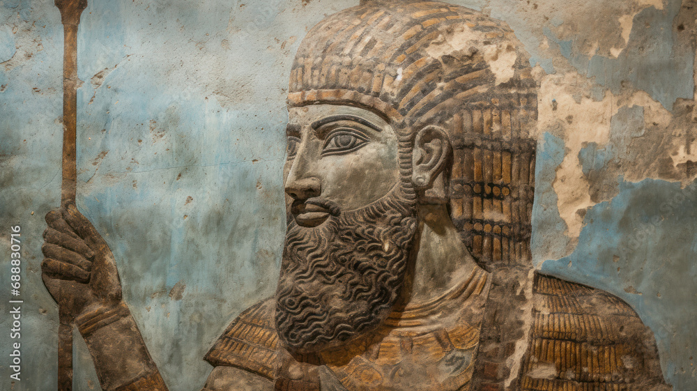 Sumerian wall painting, face of warrior or king is on plaster in Middle ...