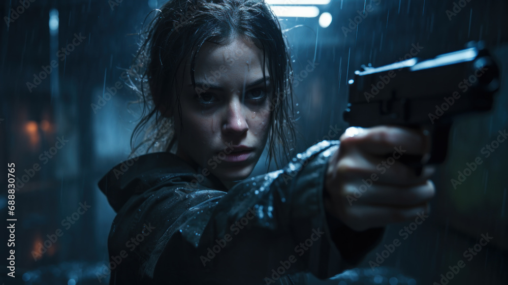 Girl points gun at night, female killer or agent holds weapon in rain ...